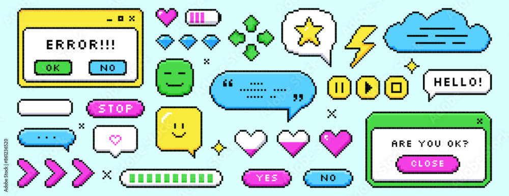 Set of pixel dialogue boxes different shapes. Color chat speech bubbles ...