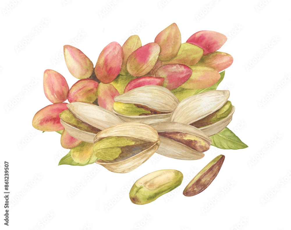 Pistachio tree fruits and leaves with pistachios watercolor ...