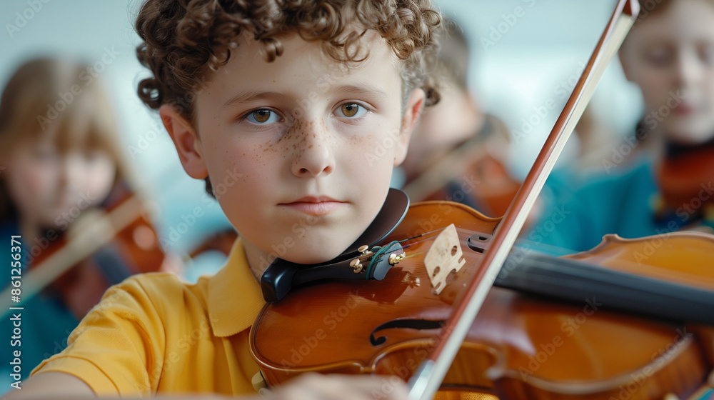 'music class with students learning to play the violin, focused ...