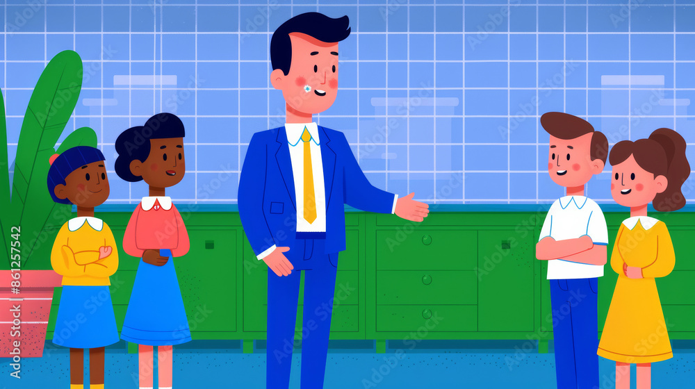 'school teacher giving a tour of the school to new students, stopping ...