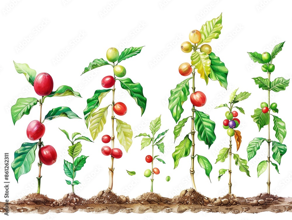 Diagram of Coffea arabica plant lifecycle, showing growth stages from ...