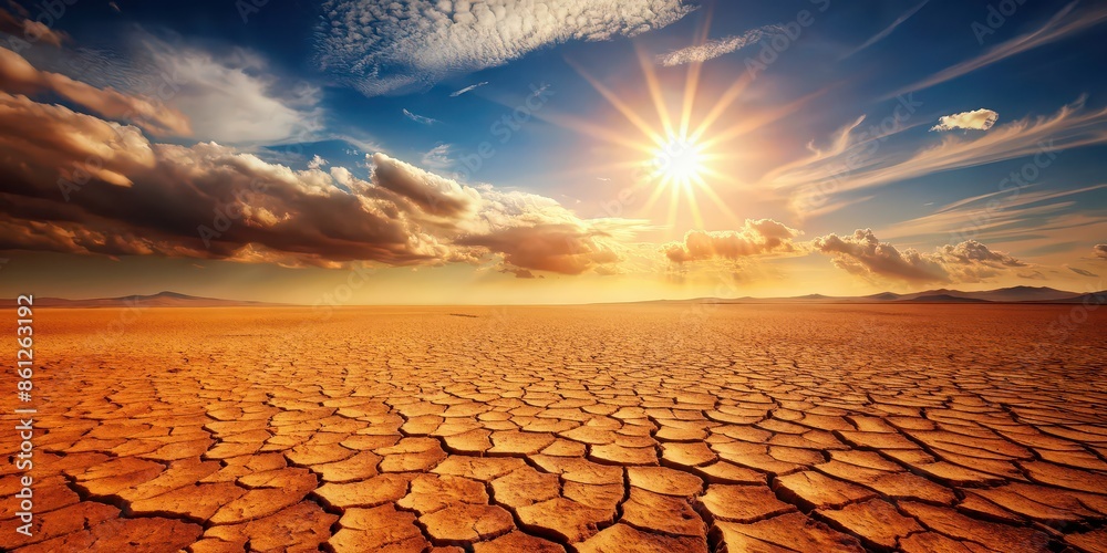 Hot, dry desert landscape under a blazing sun , arid, summer, heatwave ...