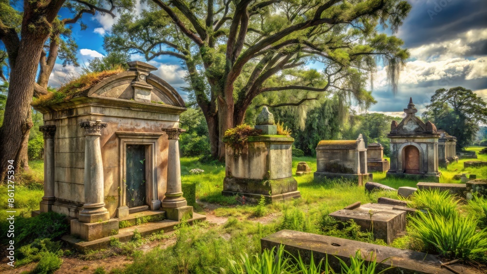 Ancient crumbling stone mausoleums and weathered grave markers amidst ...