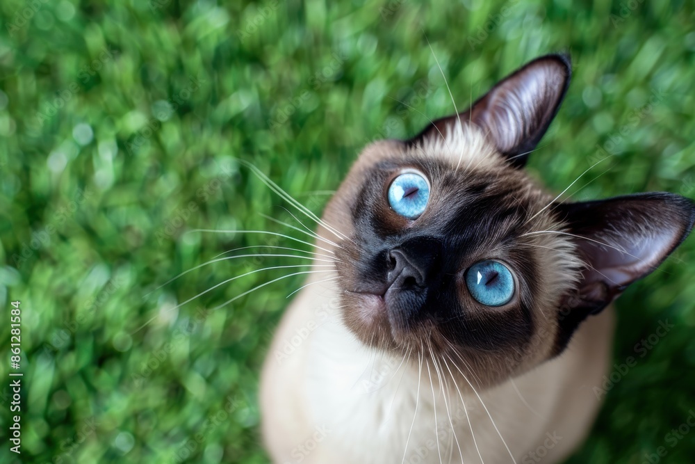 Siamese cat with blue eyes and white spots on its nose and paws ...