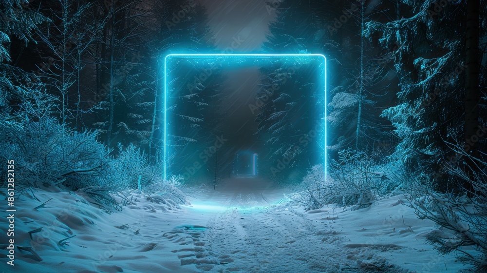 Blue fluorescent neon laser lights in snowy forest landscape ...
