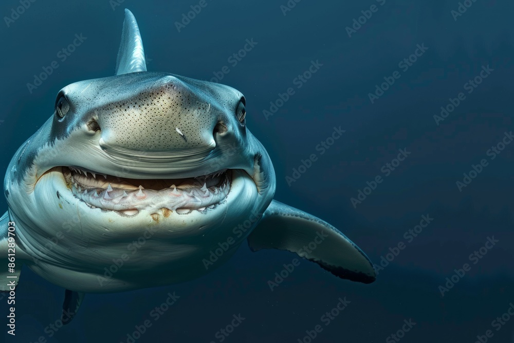 A wide smile from a hammerhead front view with eyes tail and teeth ...