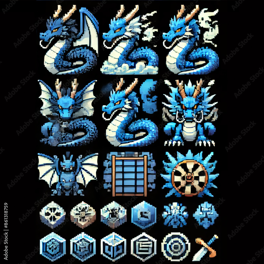 Pixel Art Sprite Sheet for Japanese RPG Blue Dragon Icons Stock ...
