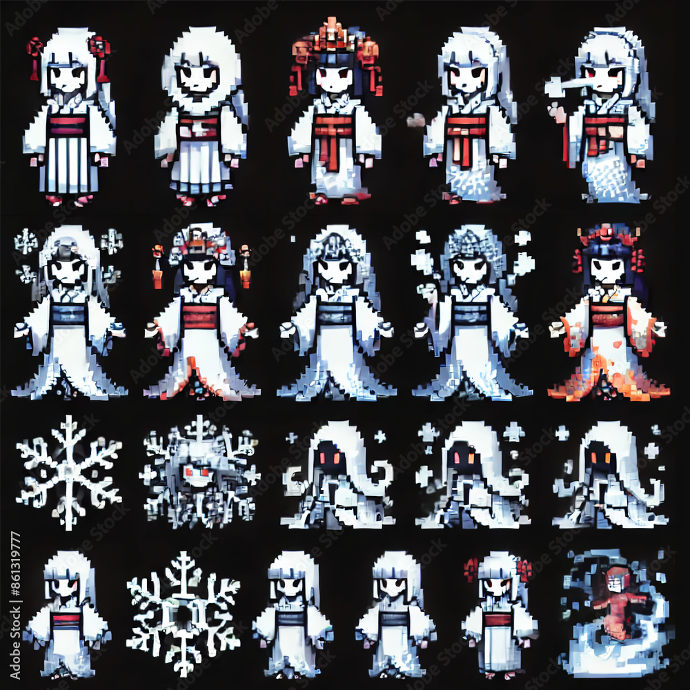 Ilustración de Stock Pixel Art Sprite Sheet for Japanese RPG Snow Woman ...