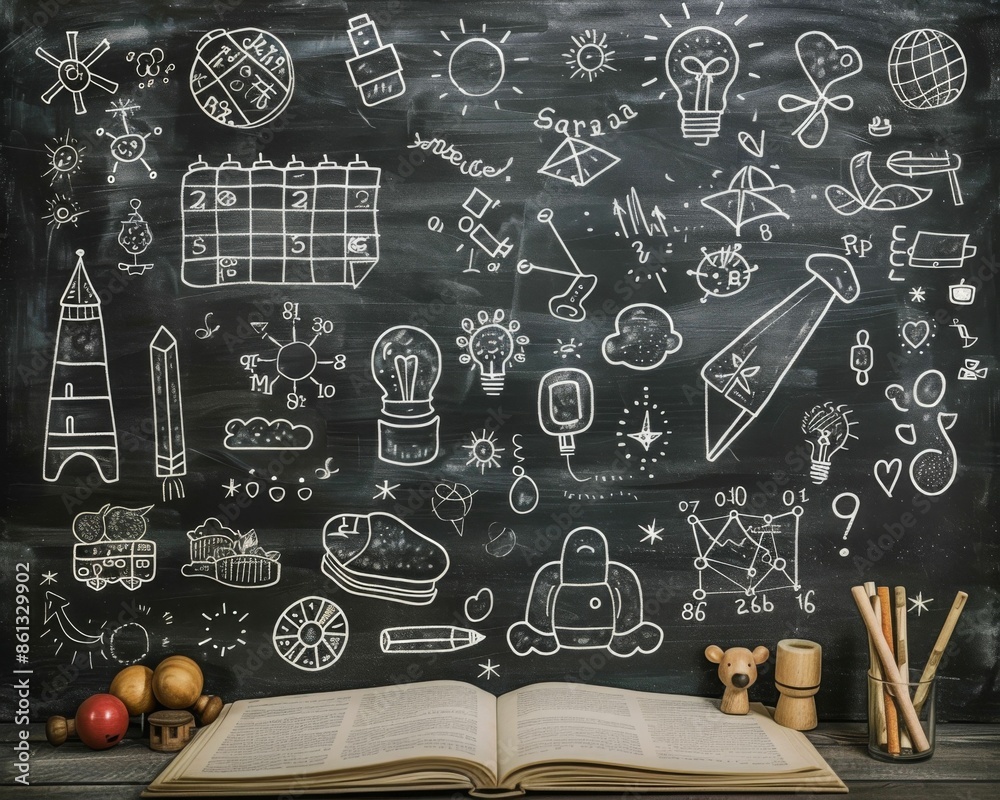 The image shows a blackboard full of scientific and mathematical ...