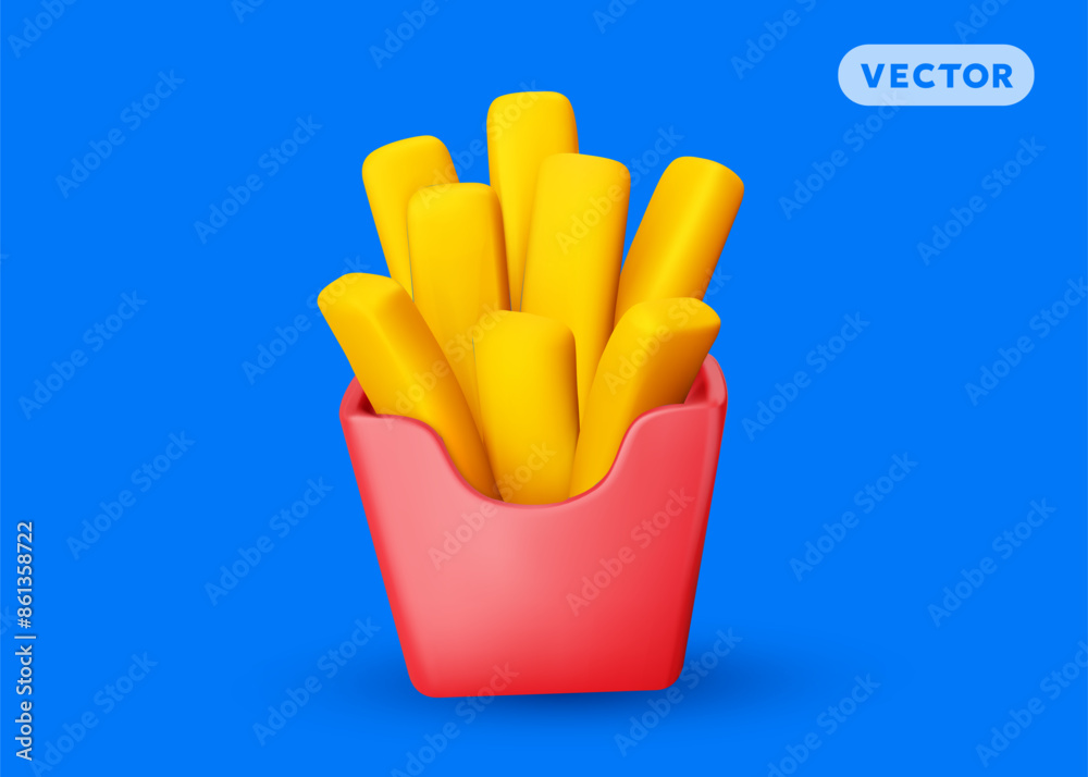 Vector illustration of realistic full red pack of french fries on blue ...