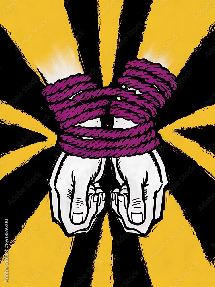 This illustration shows a pair of hands tied together with rope ...