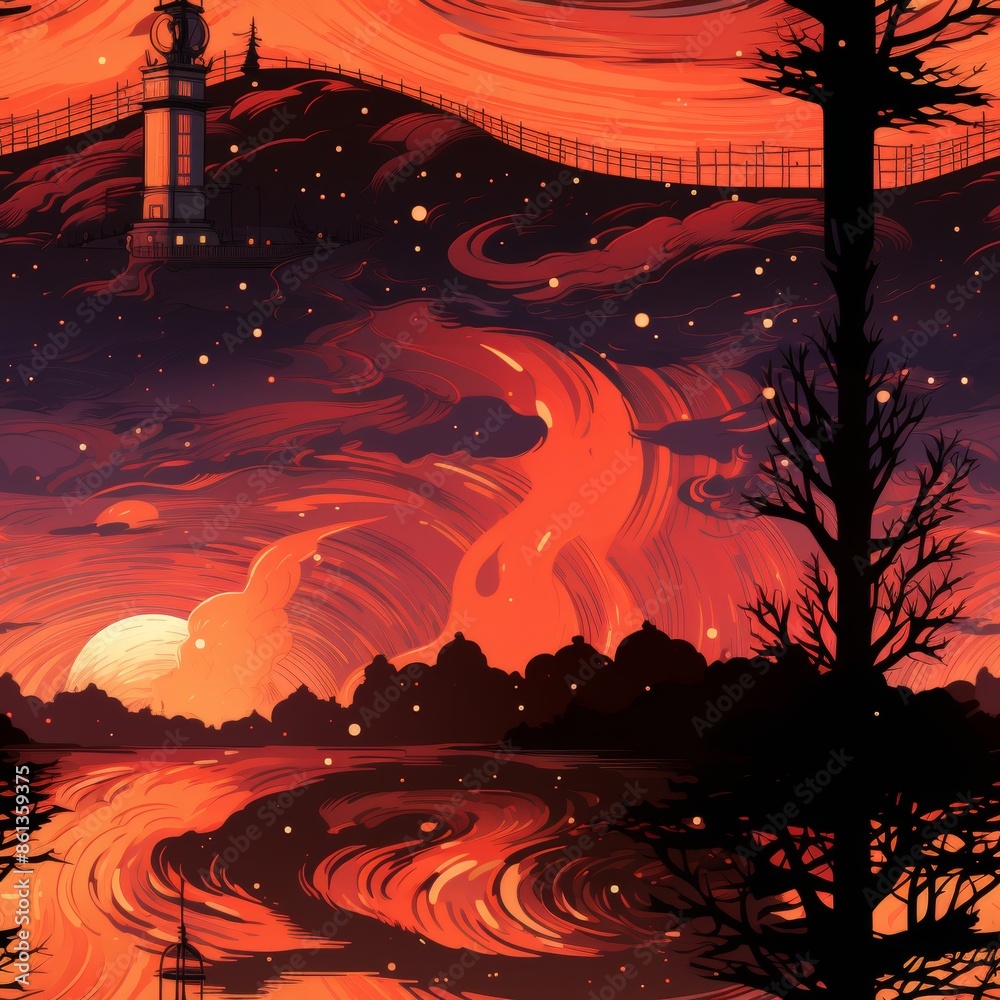 A lighthouse stands on a hill, illuminating a calm lake. The sky is ...