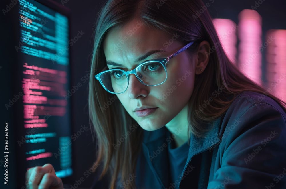 Young woman coding in dark room with long brown hair wearing glasses ...