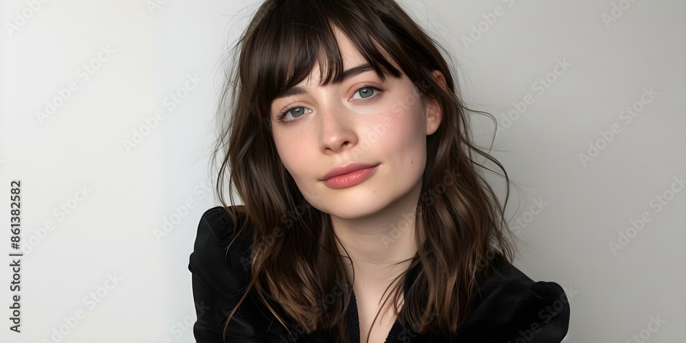 Stylish woman with fashionable sideswept bangs poses against simple ...