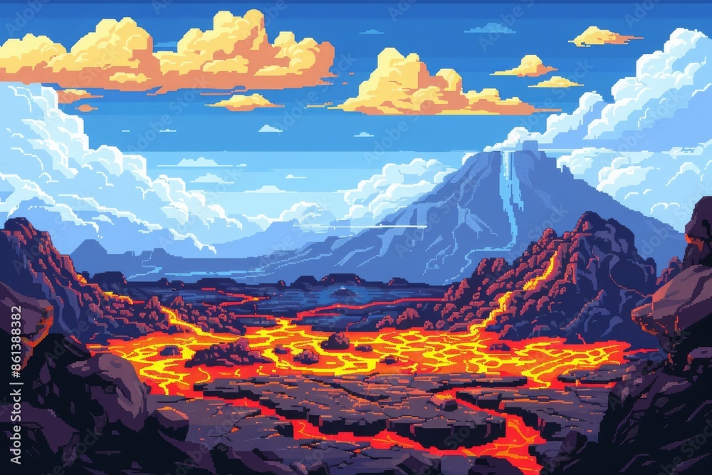Expansive pixel art landscape showcasing a volcanic valley with rivers ...