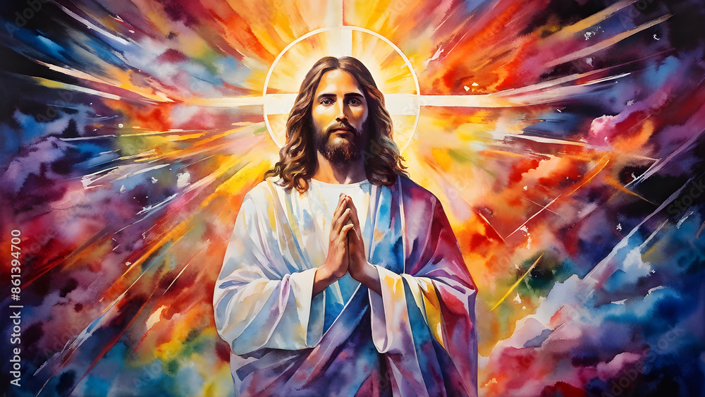 Abstract colorful art watercolor painting of Jesus Christ, praying to ...
