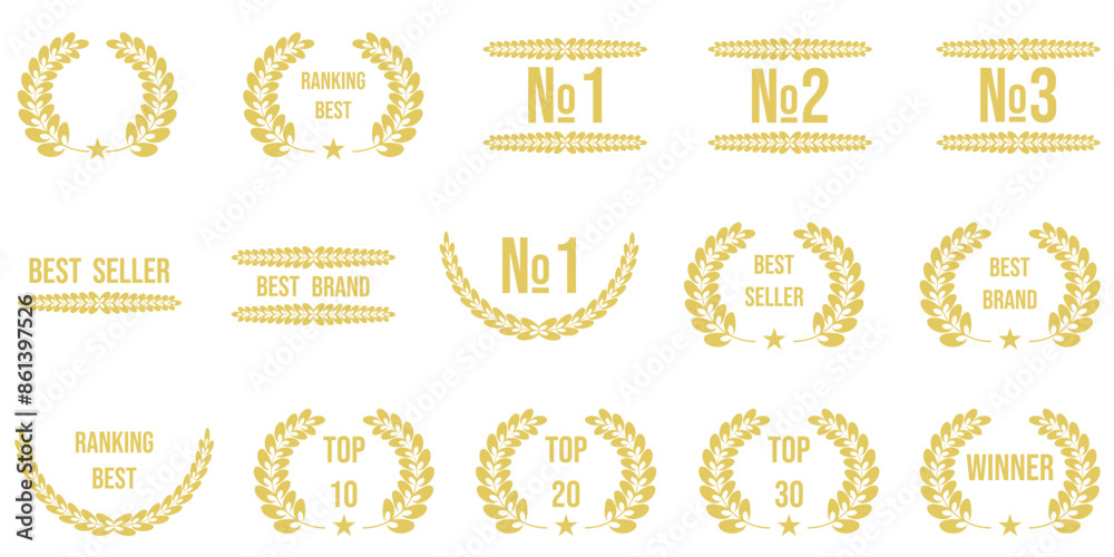 Big set of gold Laurel Wreath in trendy flat style. Winner award ...