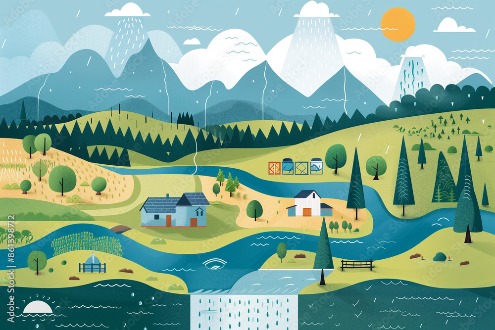 A diagram illustrating the water cycle and human impacts on freshwater ...