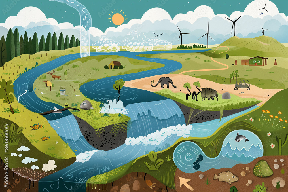 A diagram illustrating the water cycle and human impacts on freshwater ...
