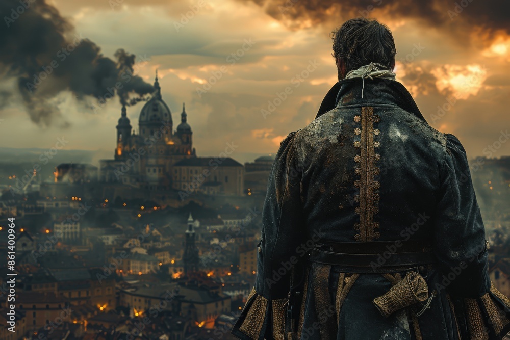A man stands overlooking a devastated city with a prominent church ...