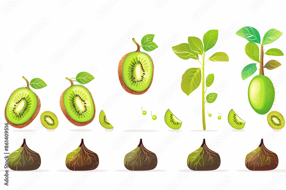 Kiwifruit growth stages. Kiwi ripening period progression. Life cycle ...