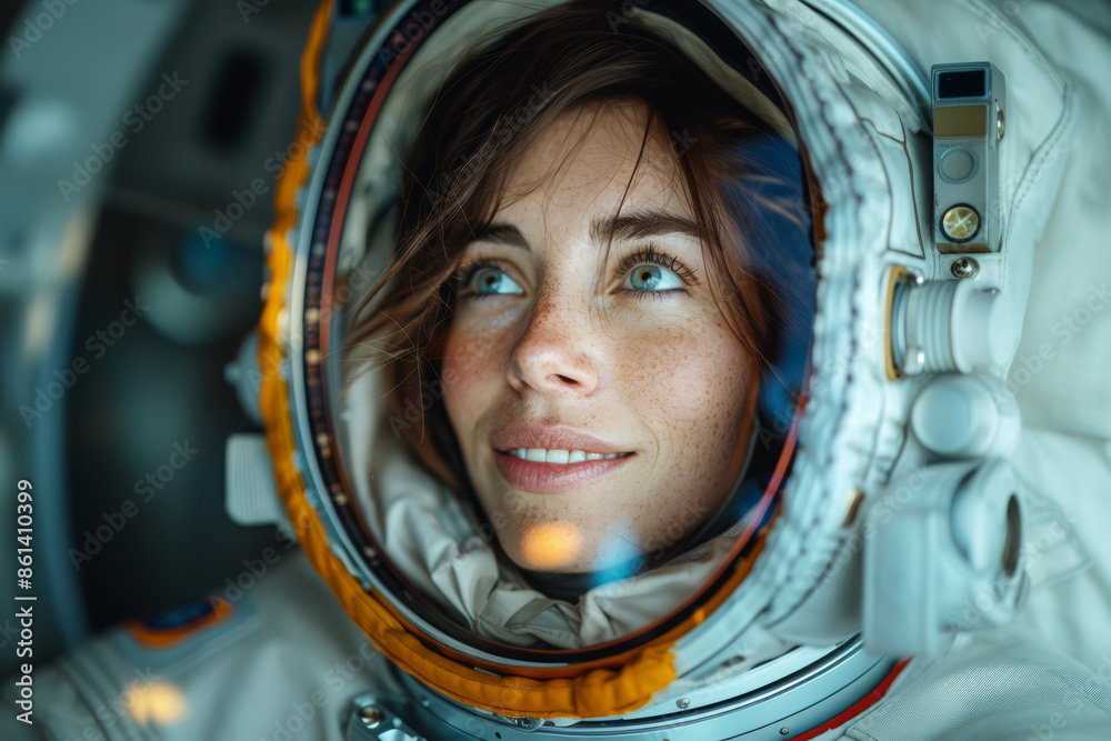 Woman in a spacesuit, with a radiant smile, looks out of the window of ...