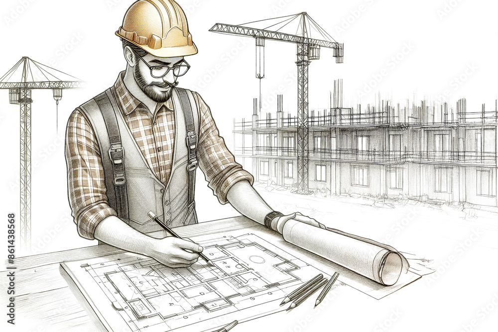 Engineer drawing construction project plan with pencil on construction ...