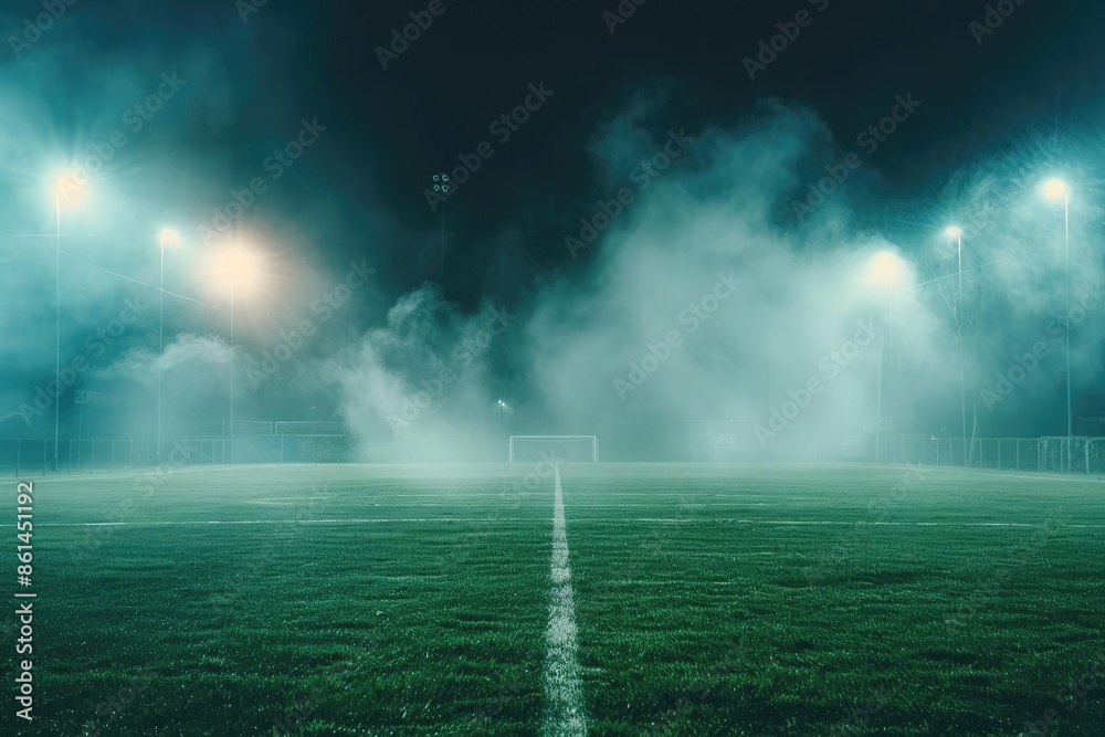 Misty football field illuminated at night with bright stadium lights ...