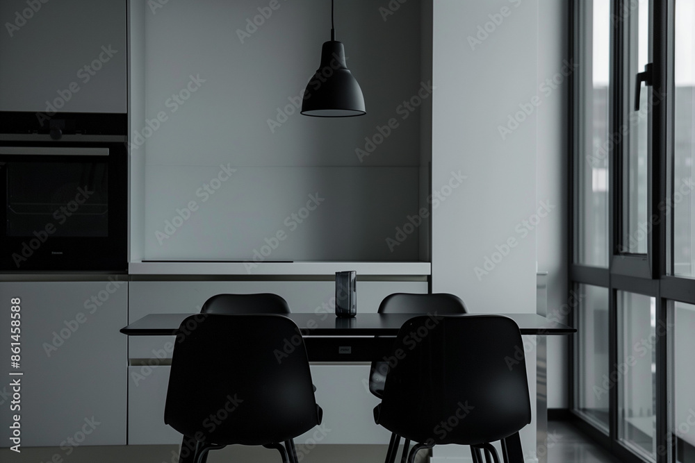 Minimal background image of elegant black table with two chairs on ...