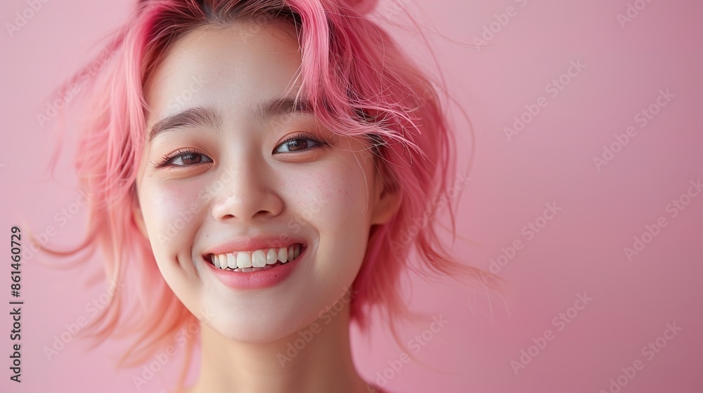 Beautiful korean woman smilling white teeth, 25 year old, pink hair and ...