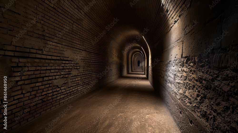 Dark, mysterious underground tunnel illuminated by subtle lighting ...