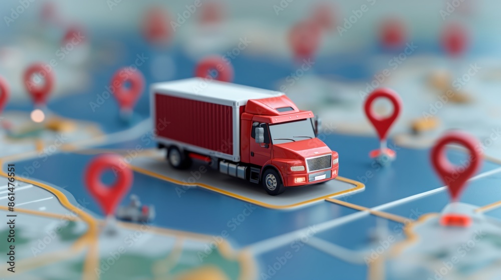 Red delivery truck navigating a digital map with location pins ...