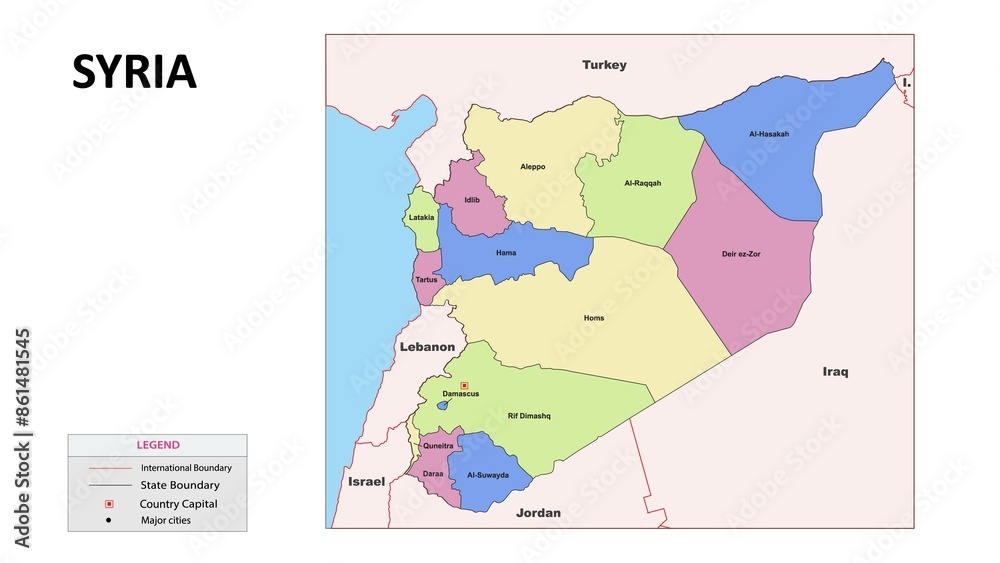 Syria Map. State and union territories of Syria with neighbouring ...