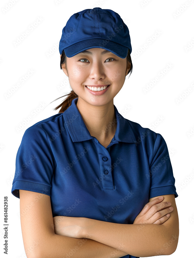 Asian woman in her 30s wearing in blue uniform and cap with arms ...