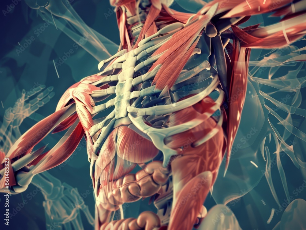 Detailed digital illustration of muscles and internal organs in X-ray ...
