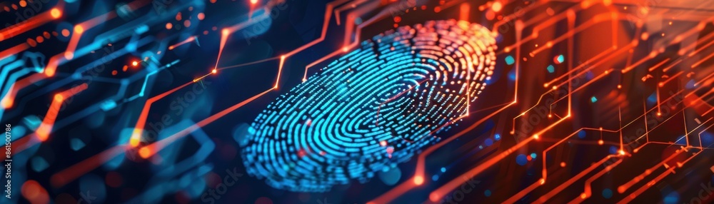 Fingerprint scan, silver data flow chart, shield icon, side view ...