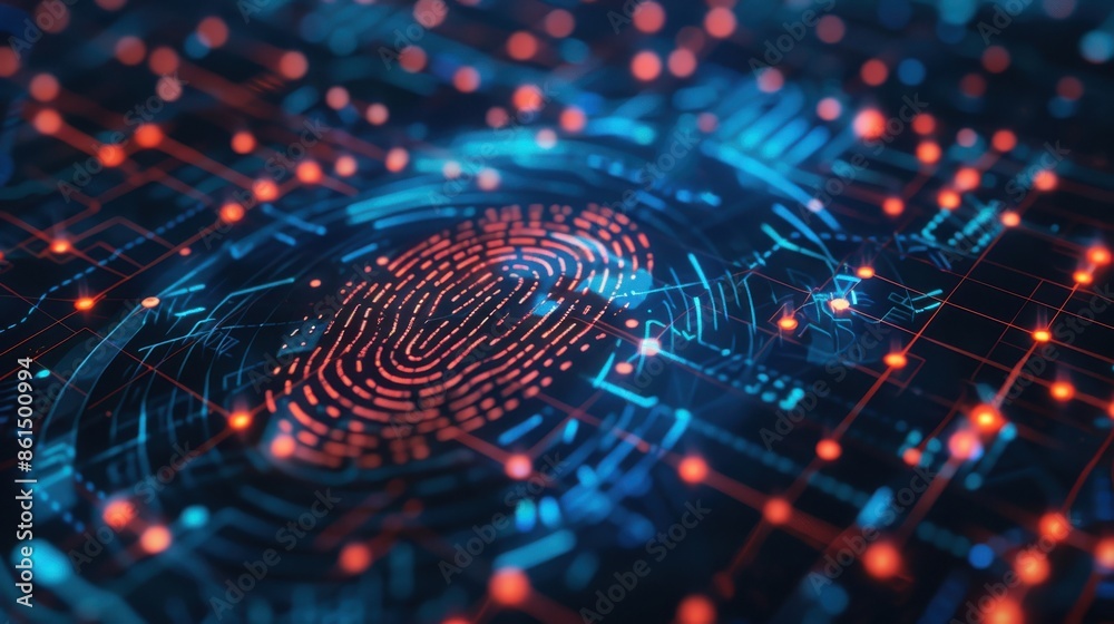 Lock icon, dark digital analytics graph, fingerprint scan, top view ...