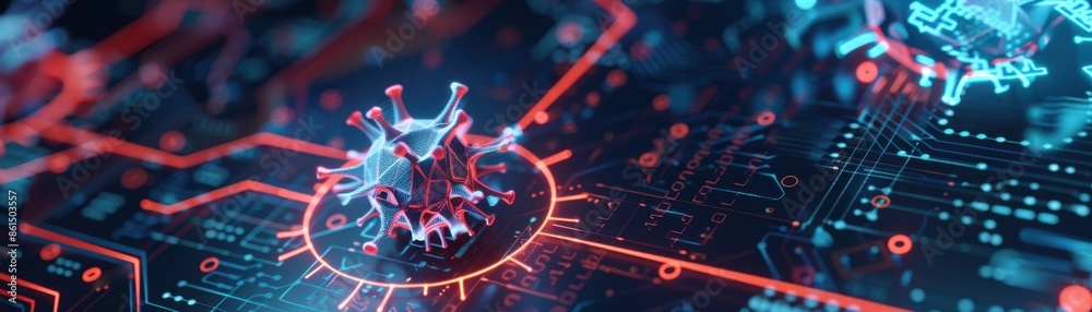 Password entry field, virus icon, network diagram, top view, signifies ...