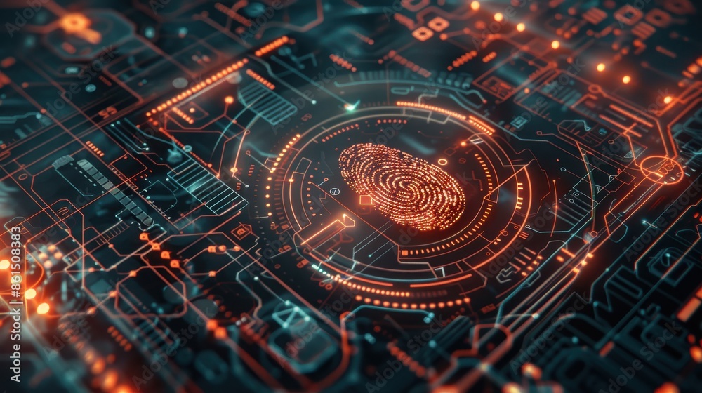 Fingerprint scan, complex data flow chart, shield icon, top view ...