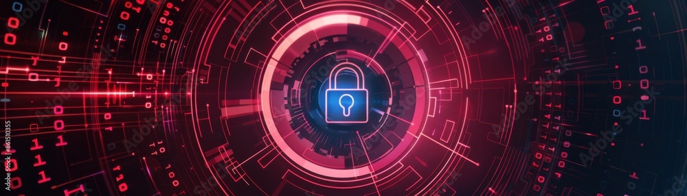 Encrypted data symbol, red firewall interface, digital lock, top view ...