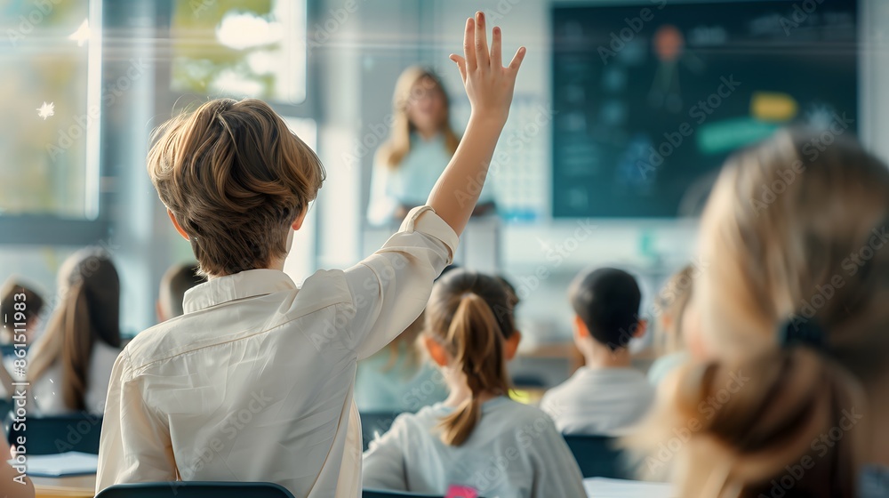 A student raises his hand in a modern classroom, engaging with the ...