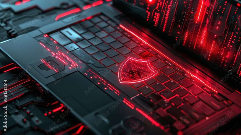 Laptop with shield, red access granted message, encrypted data symbol ...