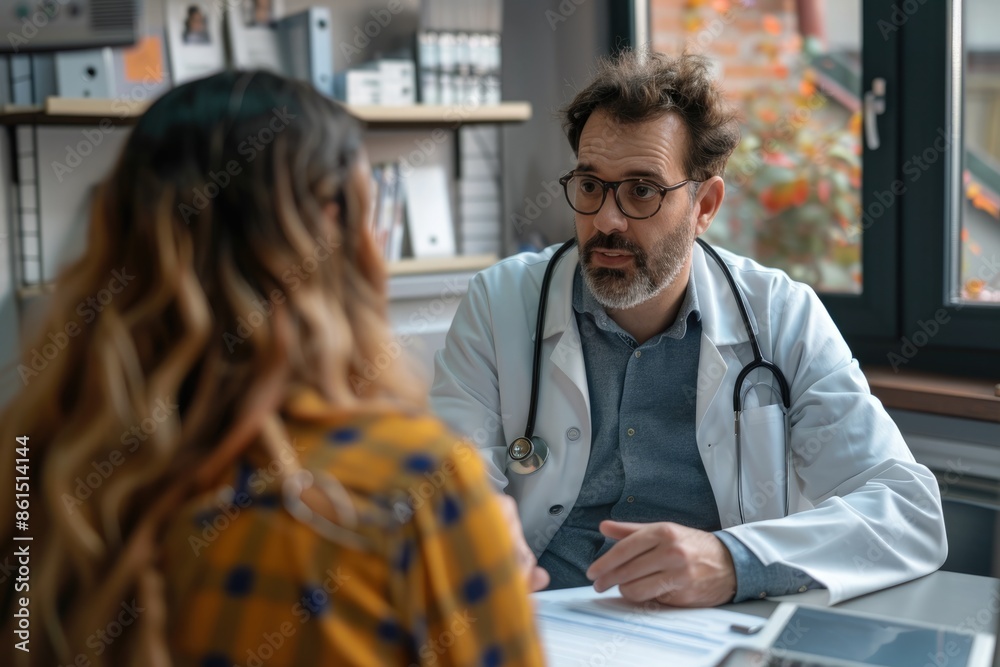 A doctor explaining a diagnosis to a patient using a chart in a private ...