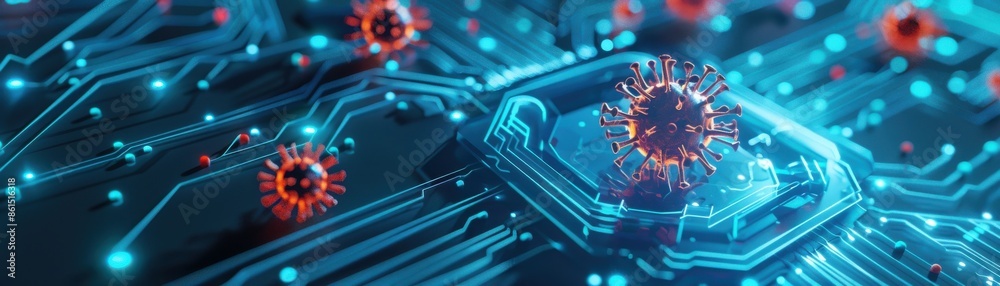 Password entry field, virus icon, network diagram, top view, signifies ...