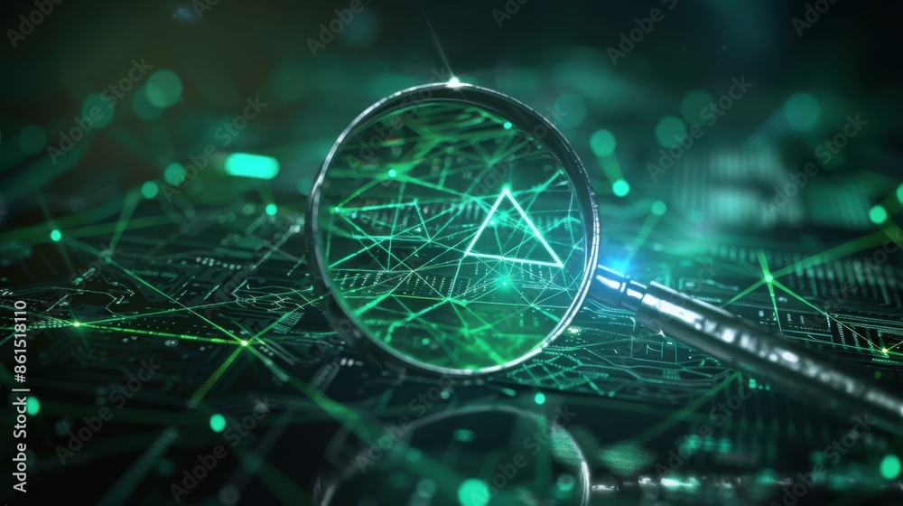 Magnifying glass, green network diagram, warning triangle, side view ...
