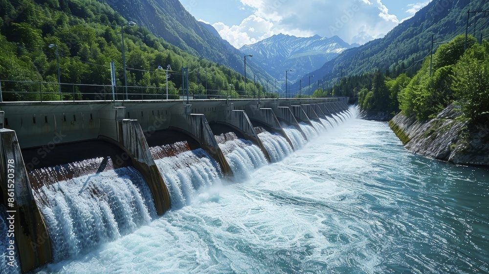 A hydropower plant efficiently converting water flow into electricity ...