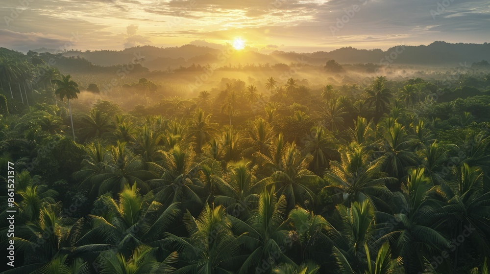 Lush palm oil plantations under the sun represent the agricultural ...