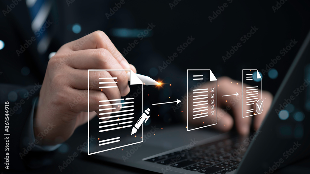 Businessman touches of approve document icon for business process ...