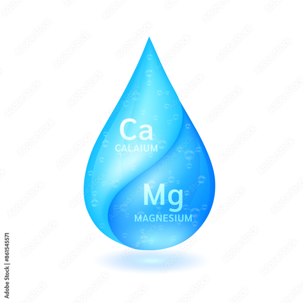 Blue calcium droplet and magnesium solution isolated on white ...