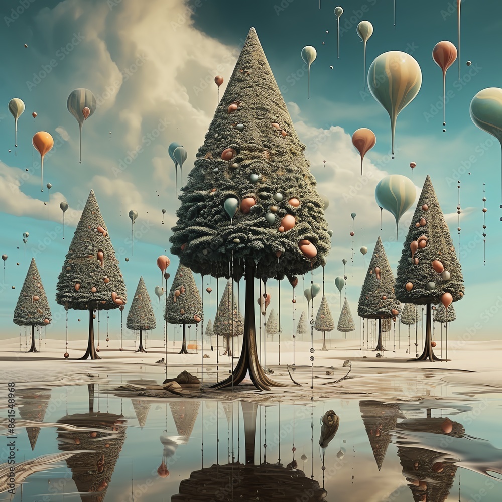Surreal landscape with inverted trees and floating balloons under a ...
